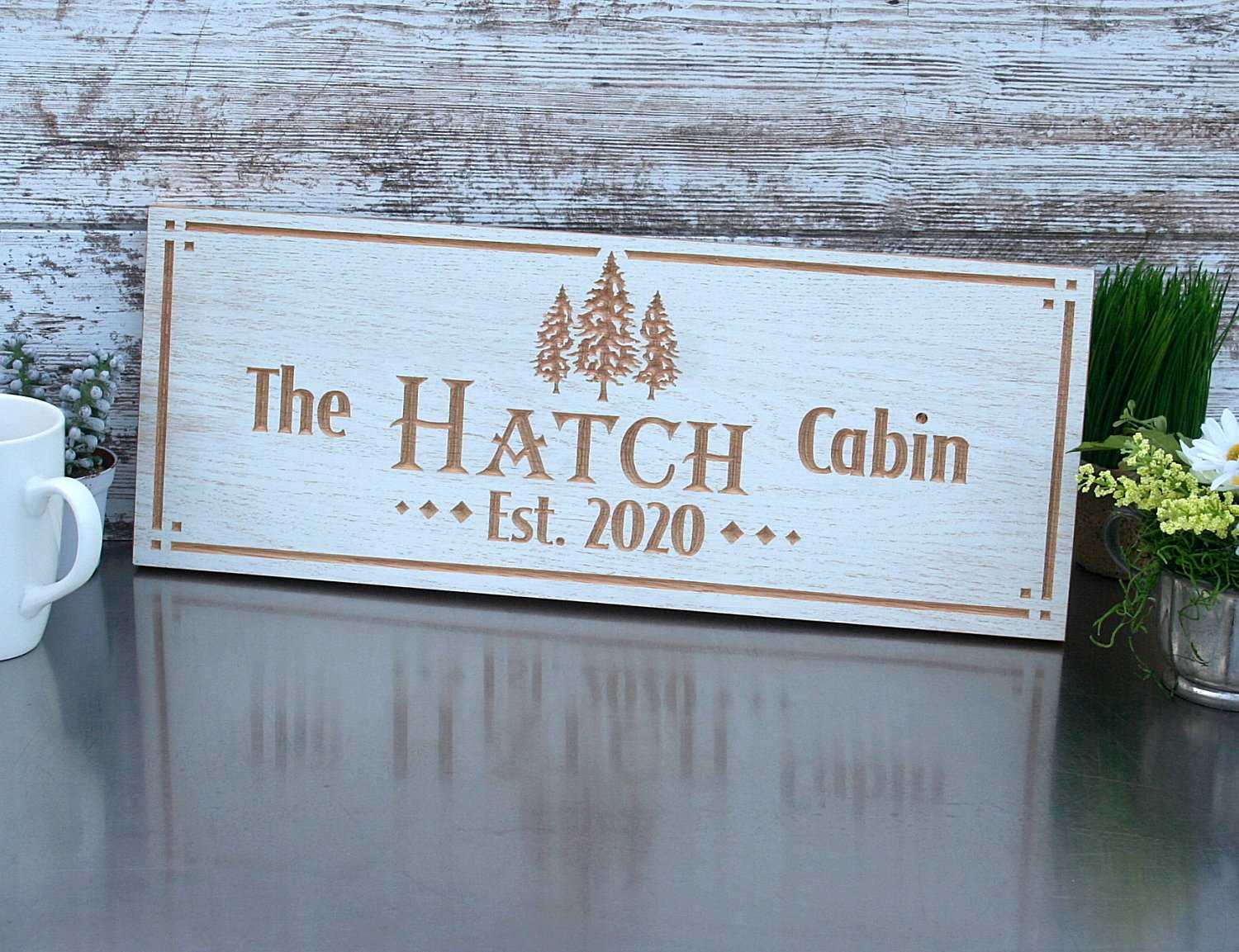 Campsite-Name-Sign-with-Pine-Trees-Personalized-Cabin-Decor-TE-K ...